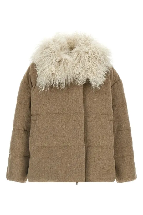YVES SALOMON Puffer Jacket With Detachable Fur Insert - Beige