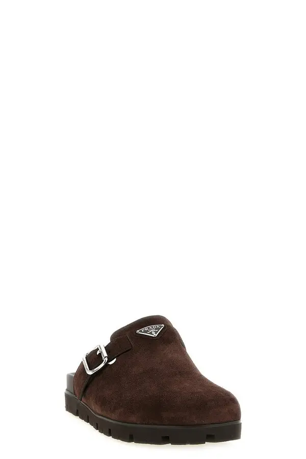 Prada Suede Mules With Enameled Logo