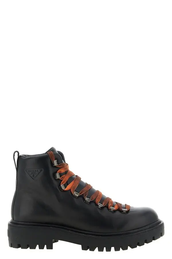 Prada Lace-up Ankle Boots With Metal Hardware - Black