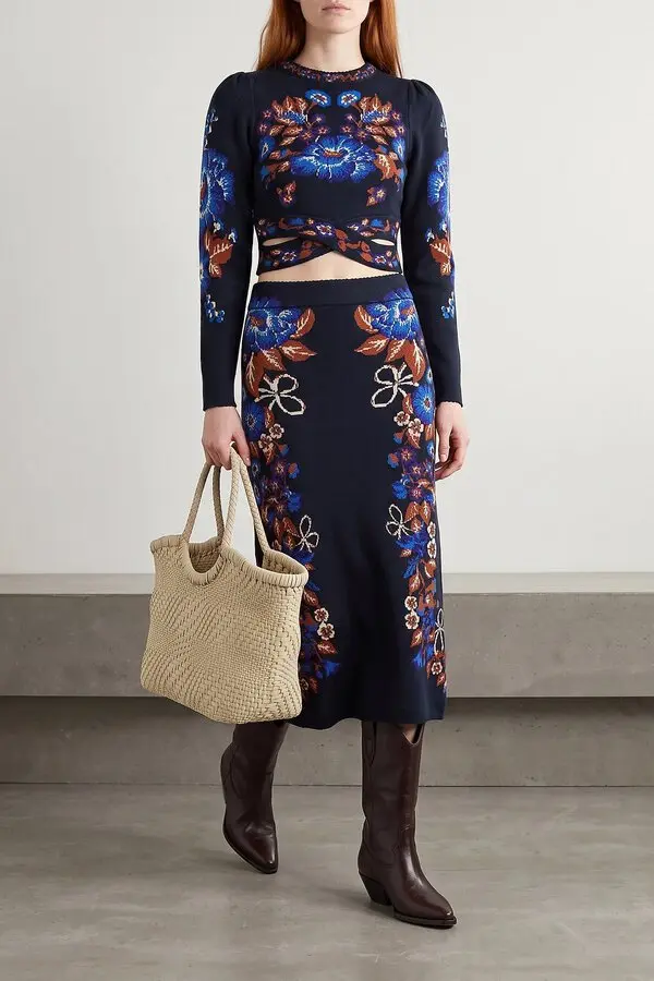 Farm Rio Bow Garden Knit Intarsia Skirt