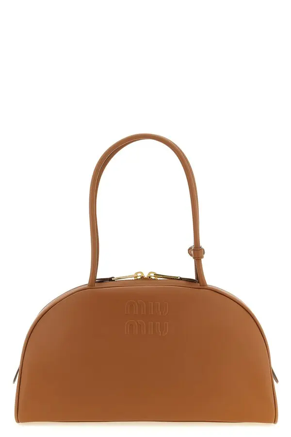 Miu Miu Leather Shoulder Bag With Embossed Logo - Brown