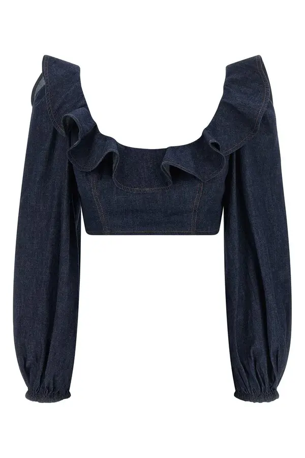 Zimmermann Cropped Denim Top With Ruffled Neckline - Blue