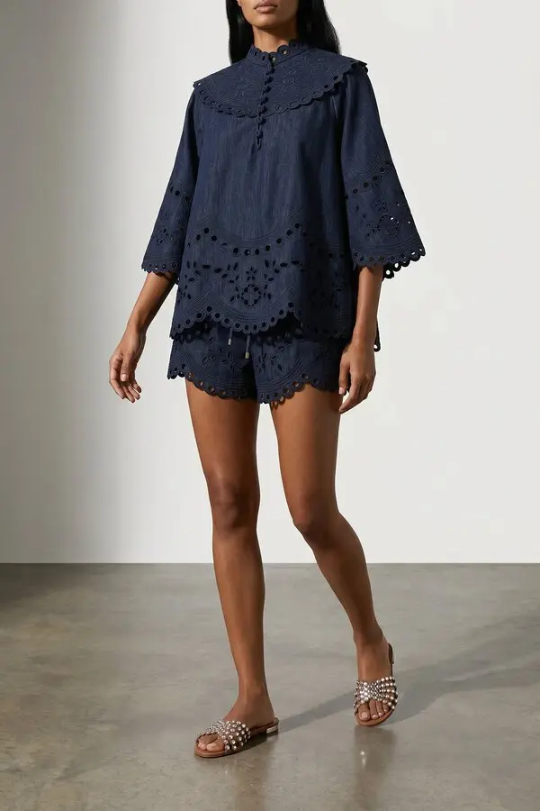 Zimmermann Denim Shorts With Scalloped Embroidery