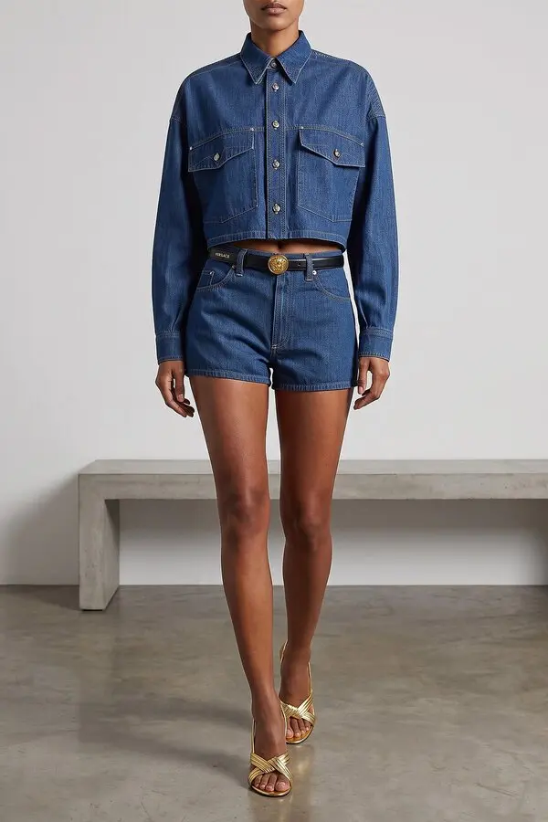 Versace Chambray Denim Shorts With Medusa Hardware