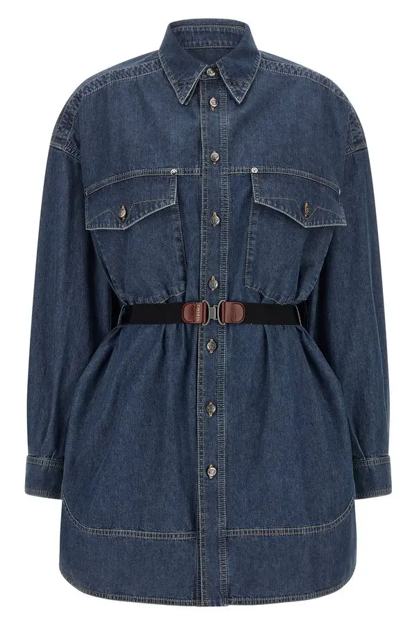Versace Chambray Cotton Shirt Dress With Medusa Hardware - Blue