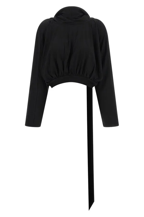Rick Owens Cropped Hooded Top Signature Elongated Ribbon - Black
