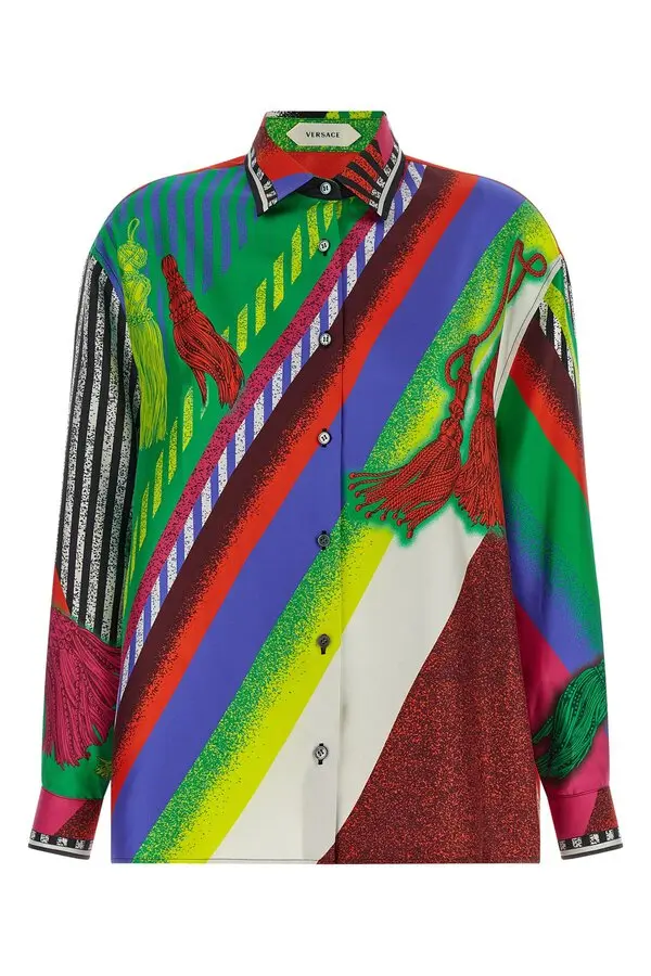 Versace Silk Twill Shirt With Logo Plaque - Multi