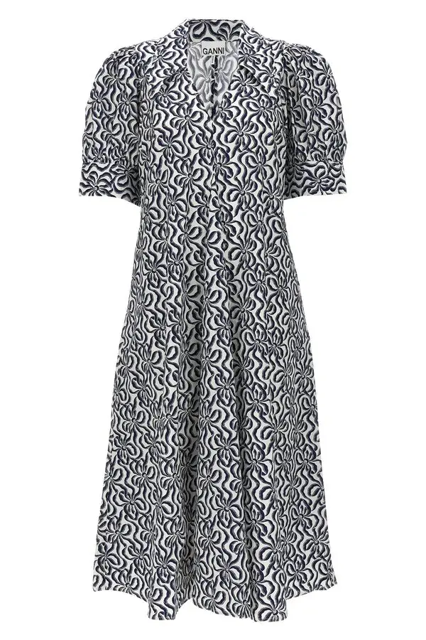 GANNI Printed Cotton Poplin V-neck Long' Dress