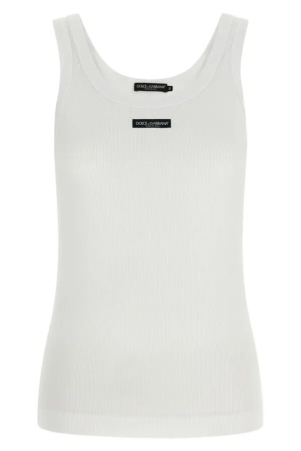 Dolce & Gabbana Ribbed Cotton Tank Top With Logo Patch - White