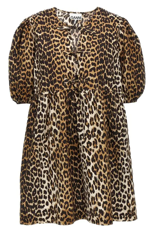 GANNI Dress 'printed Cotton Tie String Mini Dress - Multi