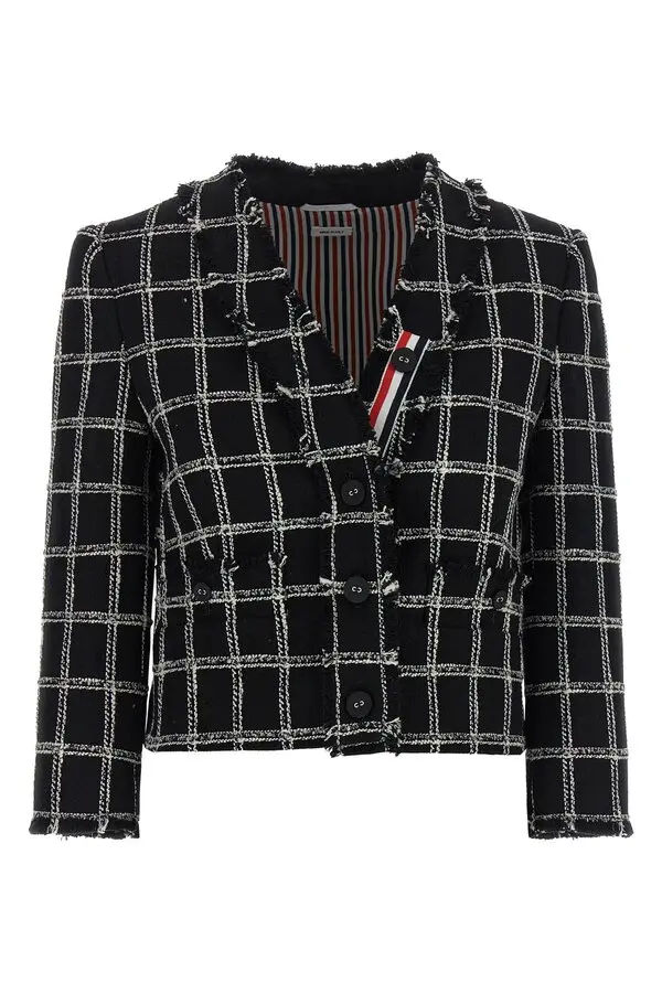 Thom Browne Tweed Cardigan Jacket With Frayed Edges