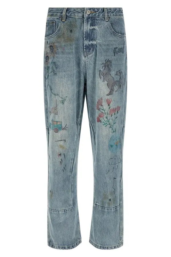 FOUND Jeans With Hand-drawn Graphics - Blue