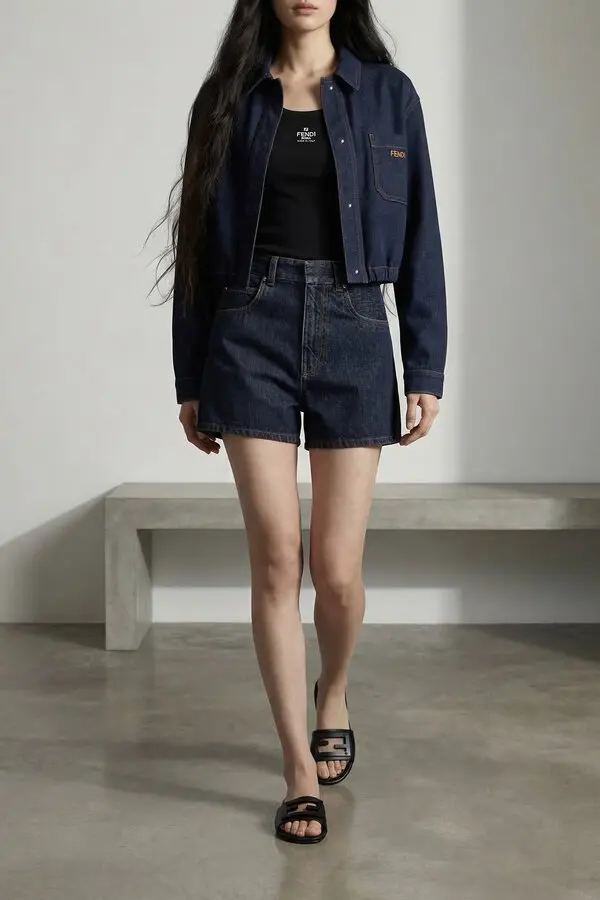 Fendi Denim Shorts With Embossed Ff Pattern