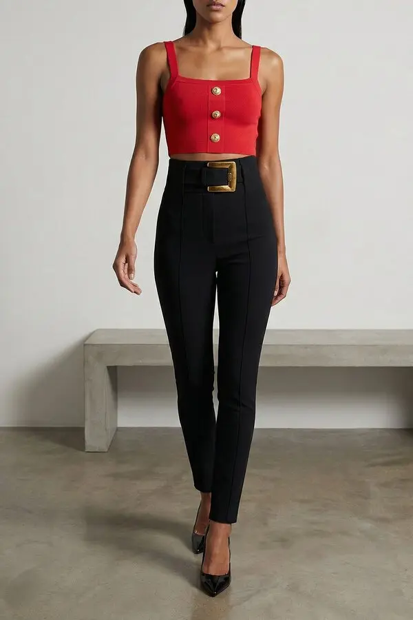 Balmain Knit Crop Top With Embossed Gold Buttons