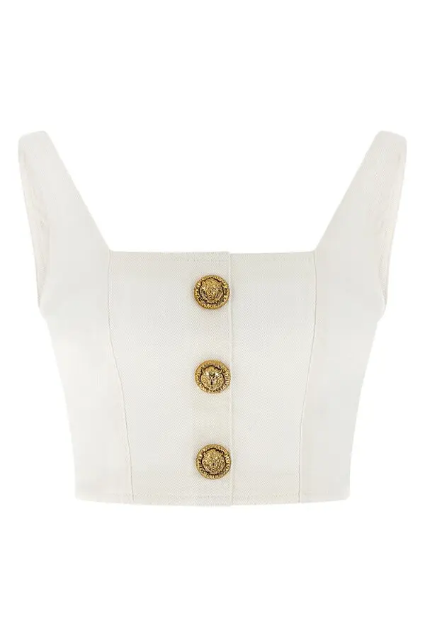 Balmain Cotton Crop Top With Lion Buttons - White