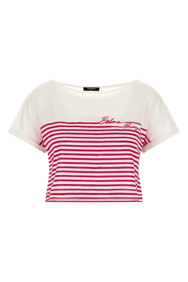 Balmain Cropped T-shirt With Cursive Logo - Fuchsia
