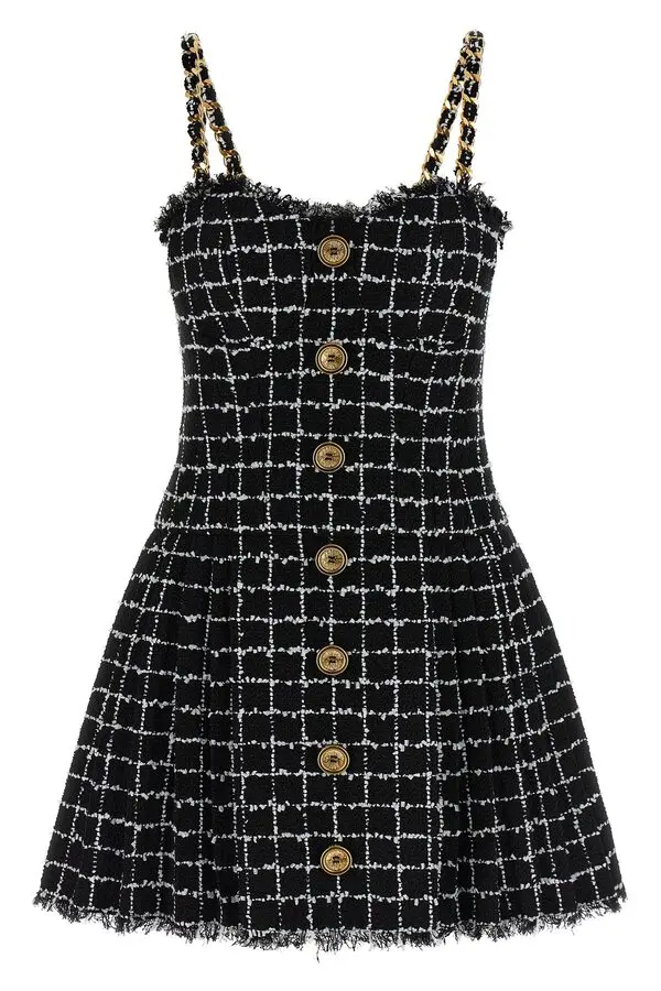 Balmain Tweed Dress With Chain Straps - Black