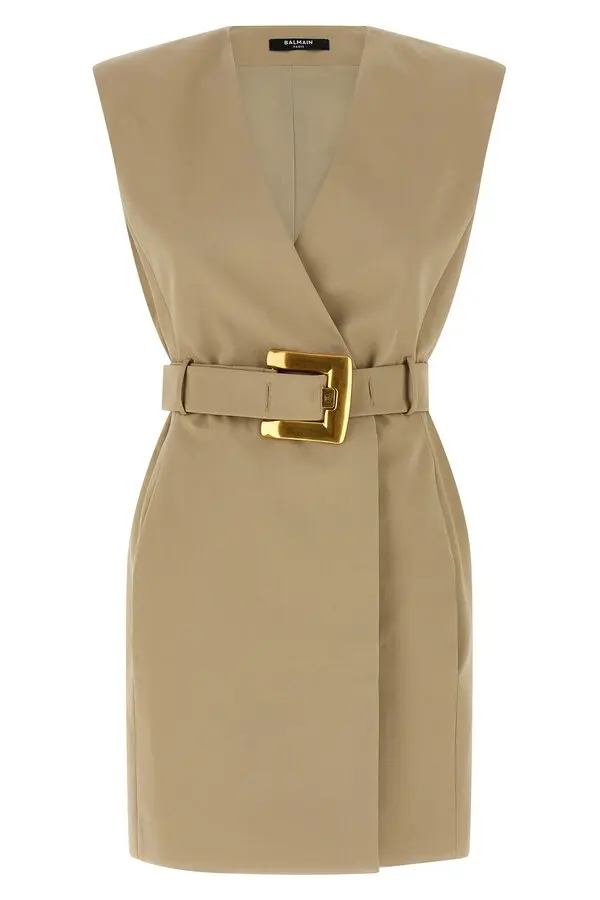 Balmain Mini Dress With Gold-tone Logo Buckle - Beige