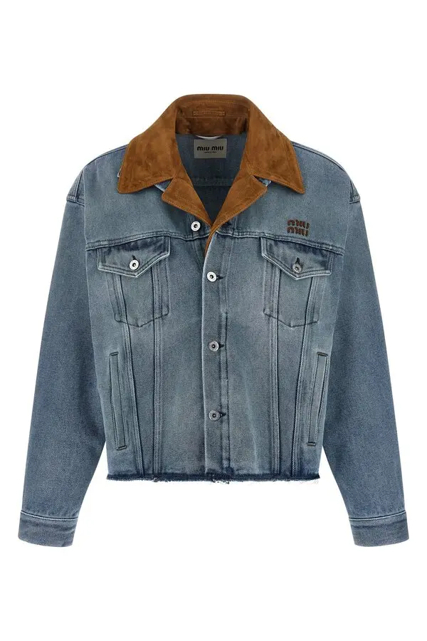 Miu Miu Denim Jacket With Suede Collar - Light Blue
