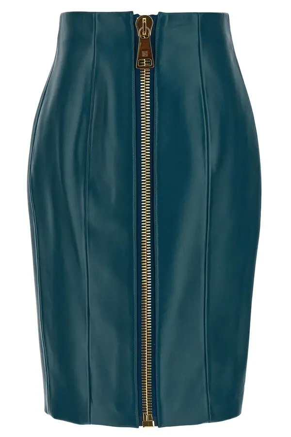 Balmain Leather Skirt With Oversized Zip - Blue