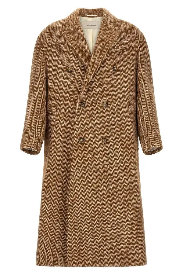 AMI Paris Herringbone Coat - Brown