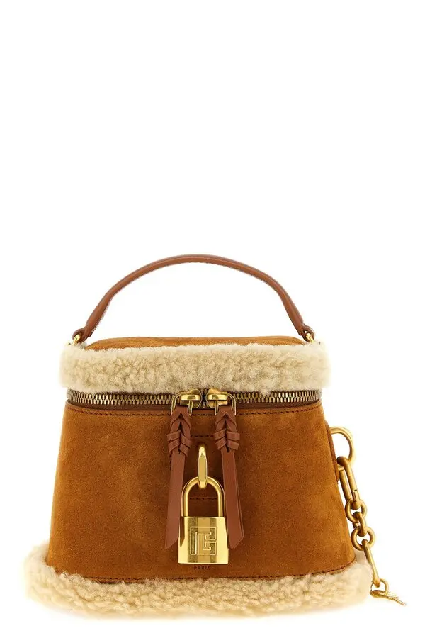Balmain Top Handle Bag Shearling Trim - Brown