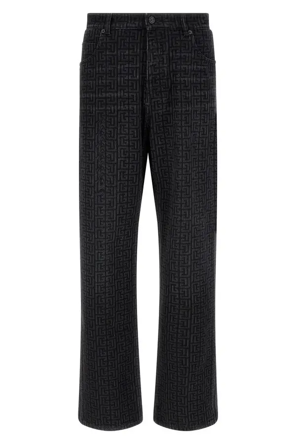 Balmain Denim Pants With All-over Monogram Pattern - Black