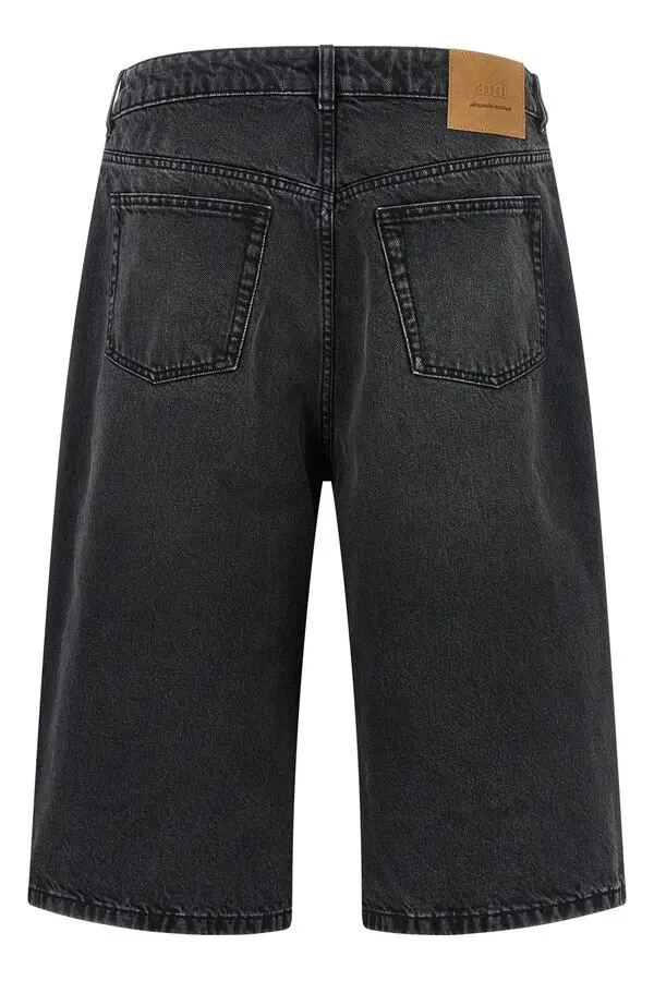 AMI Paris Denim Bermuda Shorts With Logo Patch - Black