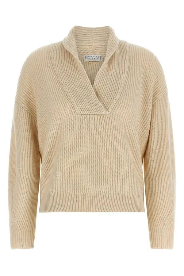 Brunello Cucinelli Ribbed Cashmere Sweater With Shawl Collar - Beige