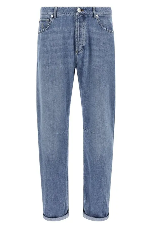 Brunello Cucinelli Denim Trousers With Suede Logo Patch - Light Blue