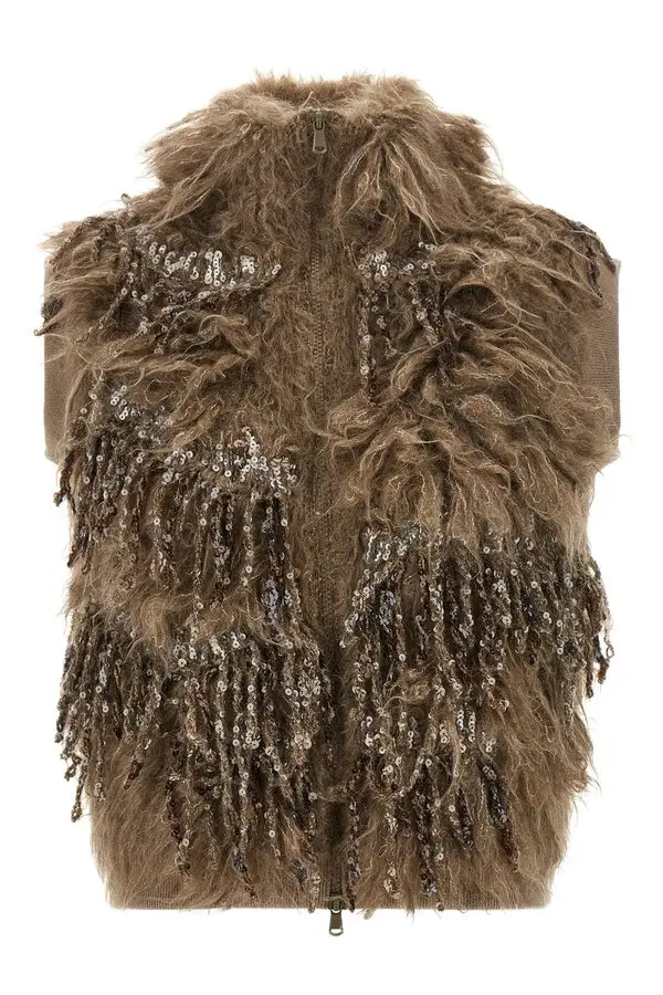 Brunello Cucinelli Vest 'dazzling Moss Embroidery - Brown
