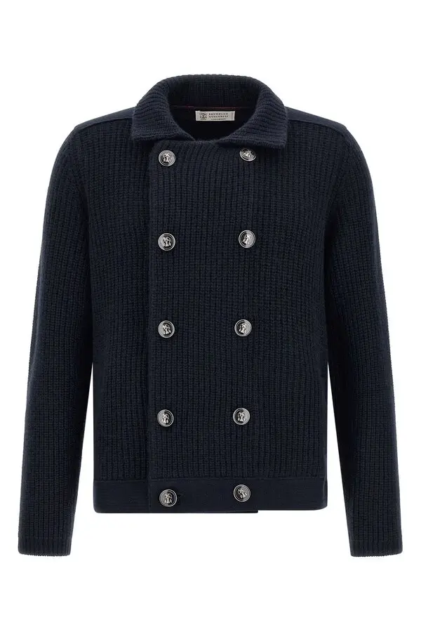 Brunello Cucinelli Double-breasted Cardigan In Ribbed Knit - Blue