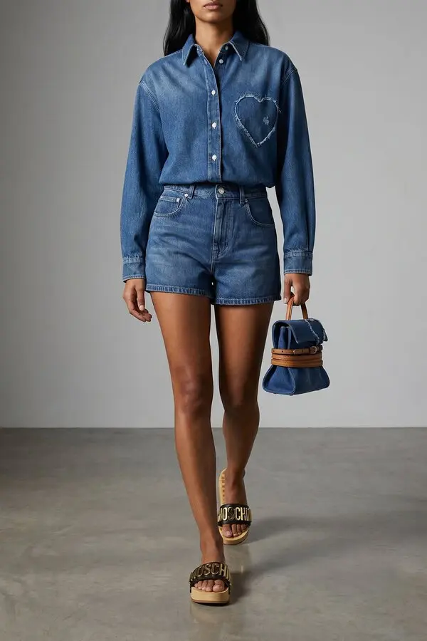 Moschino Top Handle Bag With Frayed Denim Heart