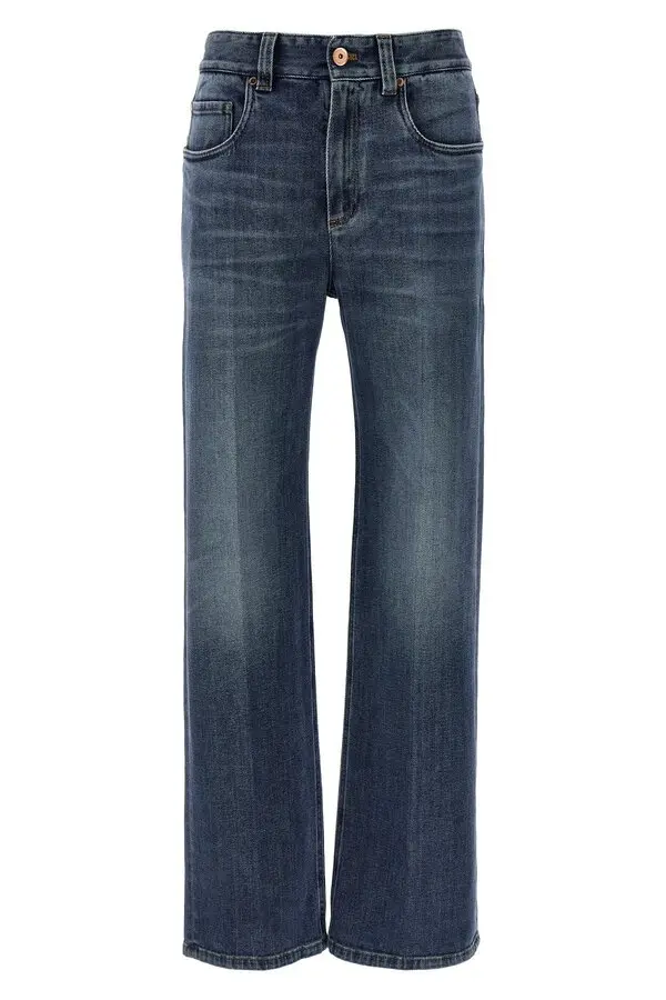 Brunello Cucinelli Loose Jeans With Embossed Leather Patch - Blue