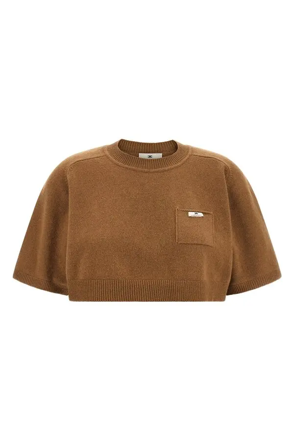 Elisabetta Franchi Cropped Sweater With Logo Pocket - Brown