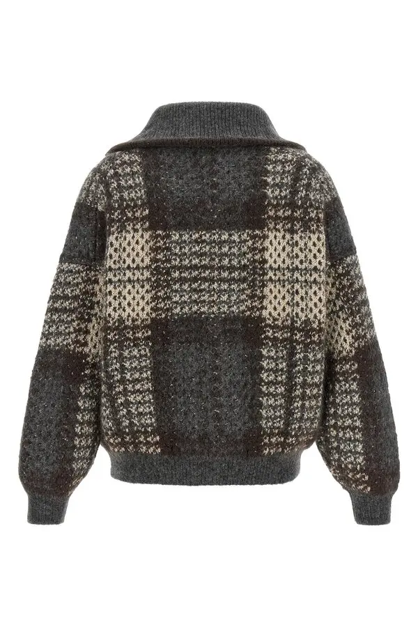 Brunello Cucinelli Tartan Knit Cardigan With Sequins
