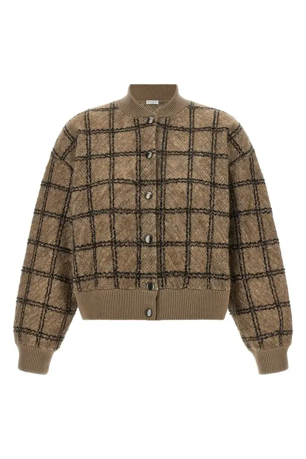 Brunello Cucinelli Paillette Check Bomber Cardigan - Beige