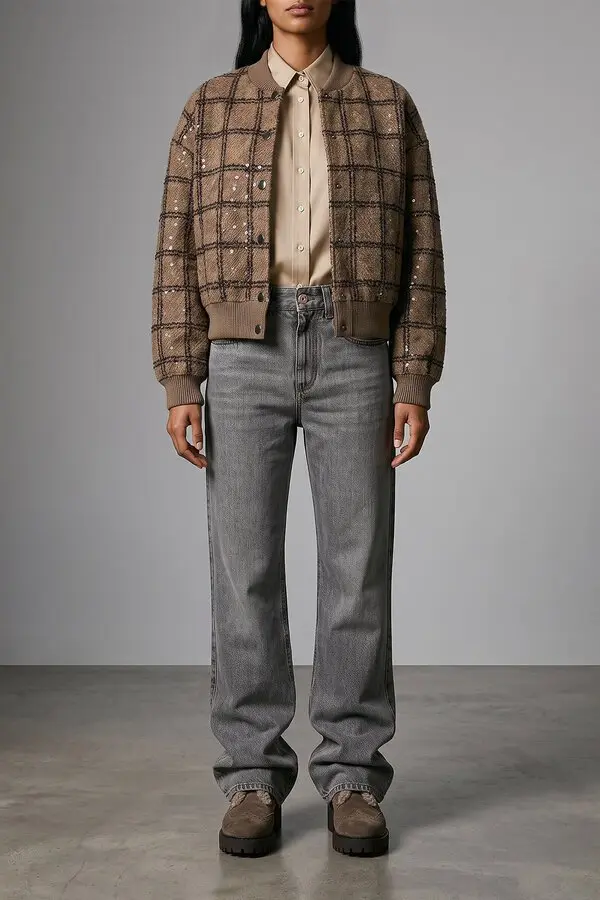 Brunello Cucinelli Paillette Check Bomber Cardigan