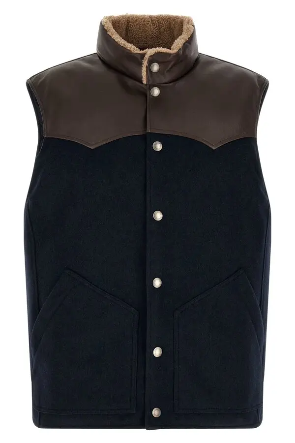 Brunello Cucinelli Wool Gilet With Leather Yoke - Blue