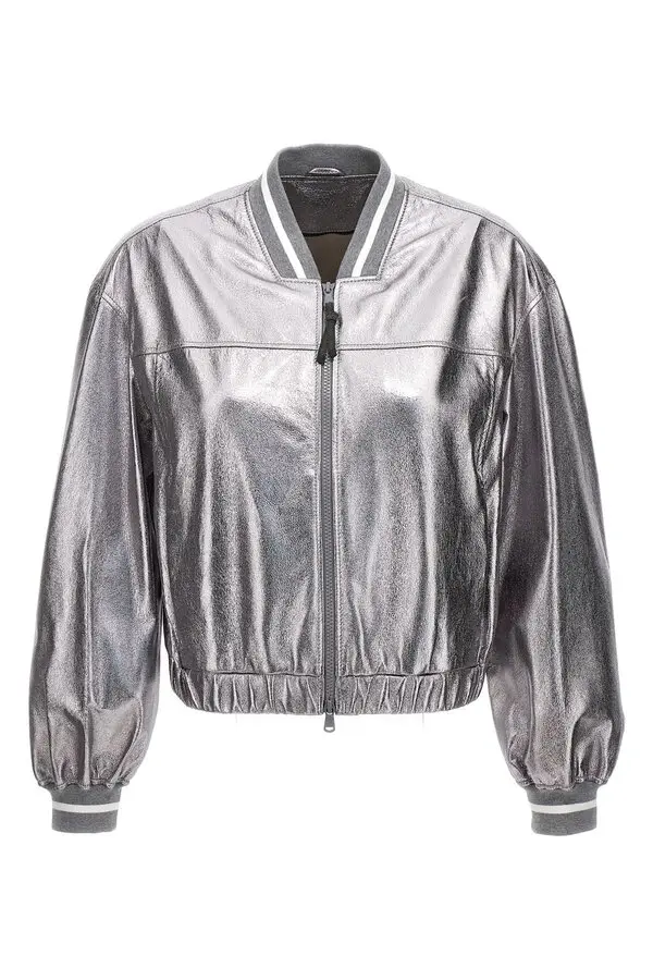 Brunello Cucinelli Jacket 'laminated Leather Bomber - Silver