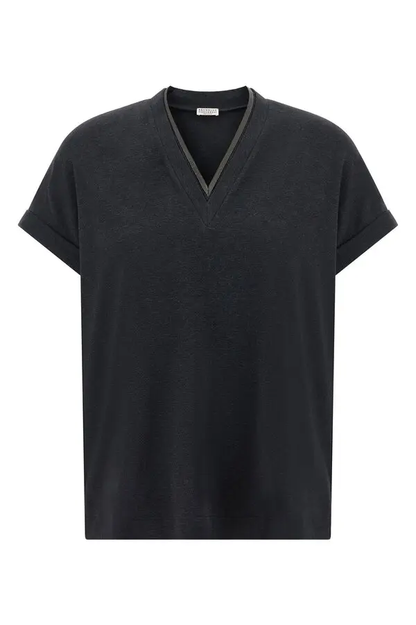 Brunello Cucinelli T-shirt With Monili V-neck - Gray