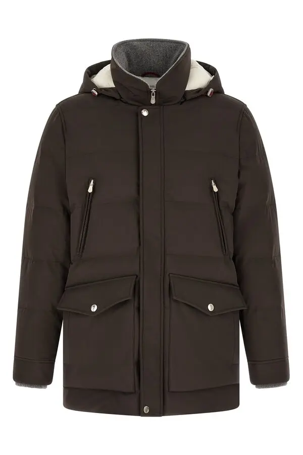 Brunello Cucinelli Padded Parka With Ribbed Knit Details - Brown