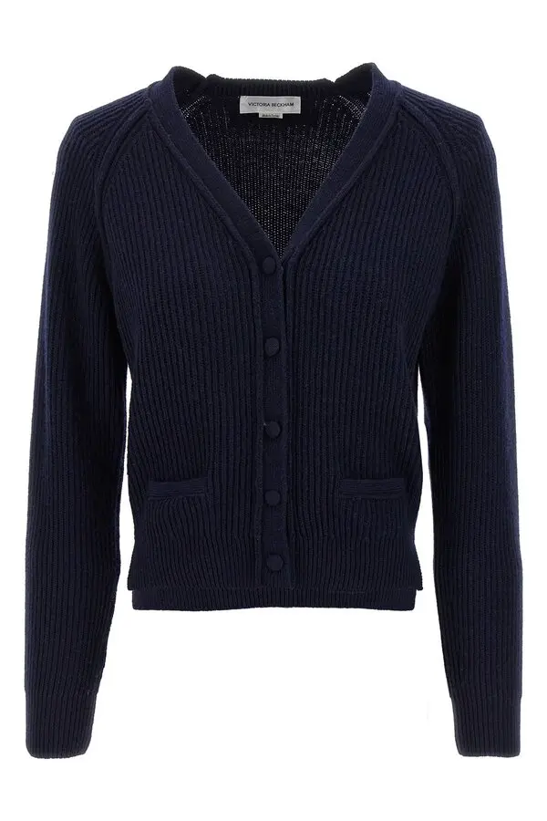 Victoria Beckham Cardigan 'stepped Hem V-neck - Blue