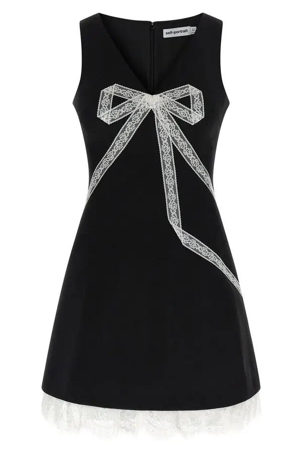 SELF-PORTRAIT Mini Dress With Lace Bow - White/black