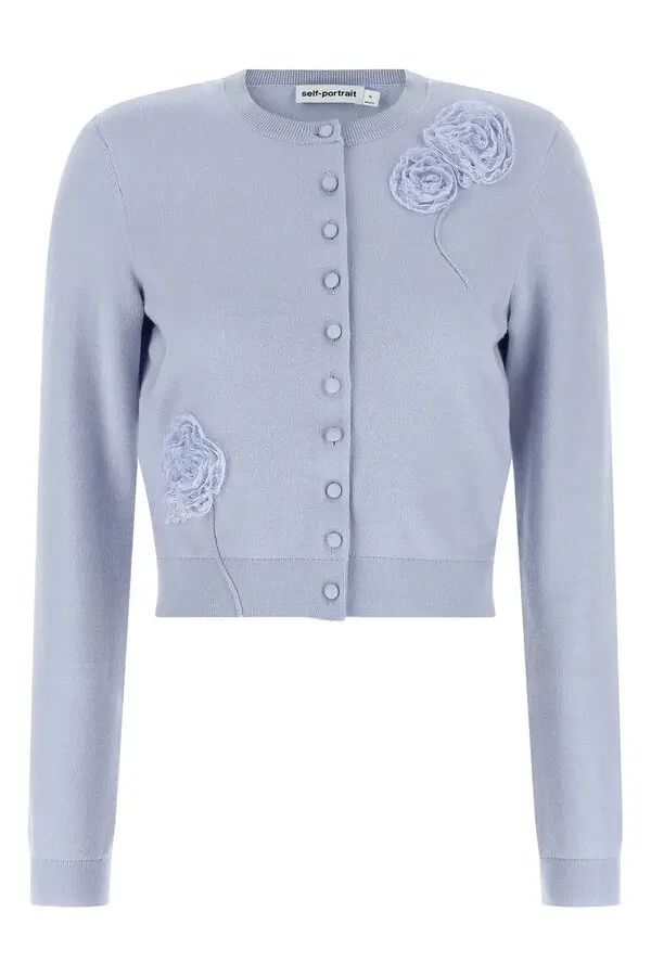 SELF-PORTRAIT Blue Flower Knit Cardigan - Light Blue