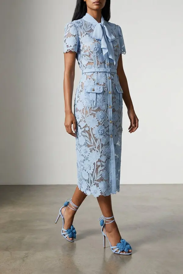 SELF-PORTRAIT Blue Lace Tie Neck Midi' Dress
