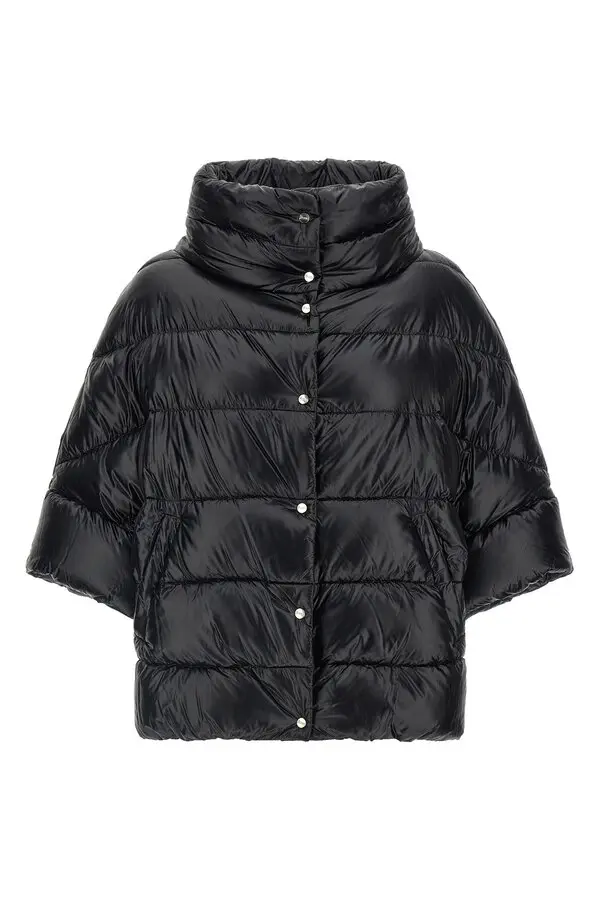 Herno Cape-style Puffer Jacket With Knit Cuffs - Black