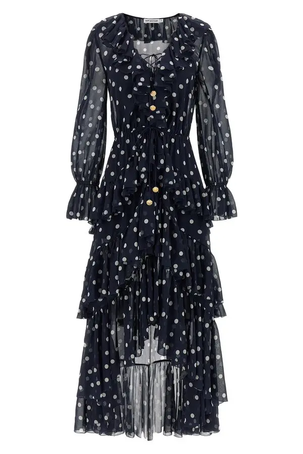 SELF-PORTRAIT Maxi Dress 'polka Dot Georgette Ruffle - Blue