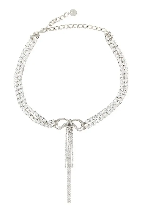 SELF-PORTRAIT Double Crystal Bow Necklace - Silver