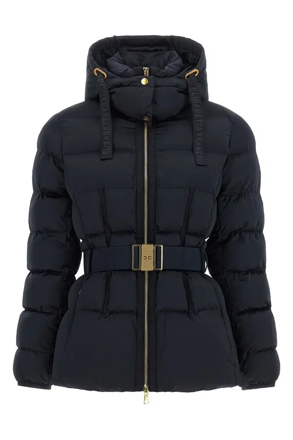 Elisabetta Franchi Puffer Jacket With Belt And Logo Buckle - Black